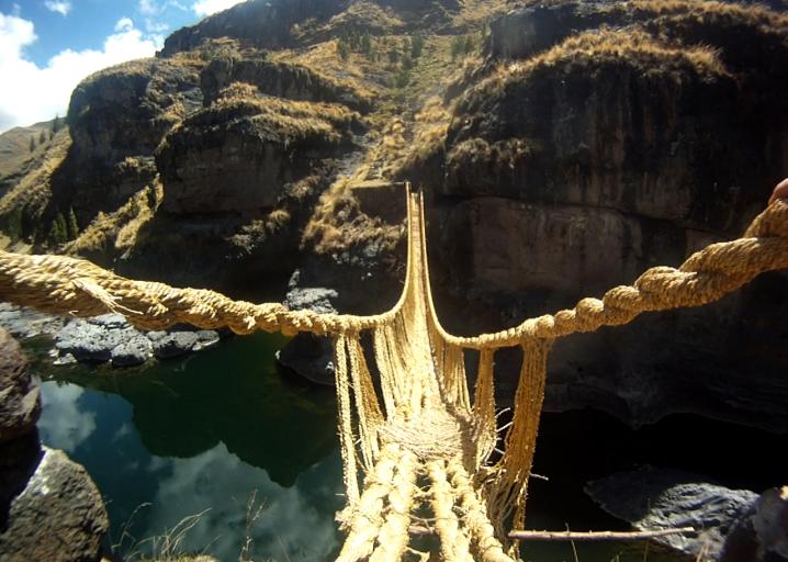 The last Incan suspension bridge is made entirely of grass and woven by ...