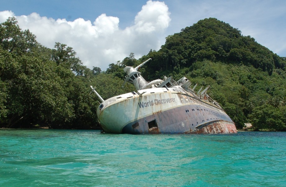 Half-Sunken World Discoverer Cruise Ship Rusts in a Solomon Islands Bay
